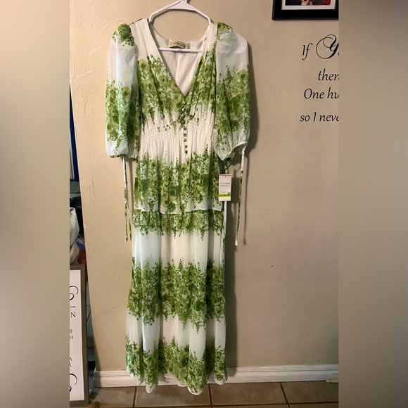 Taylor | Dresses | Taylor Green And White Puff Sleeve Maxi Dress Floral ...